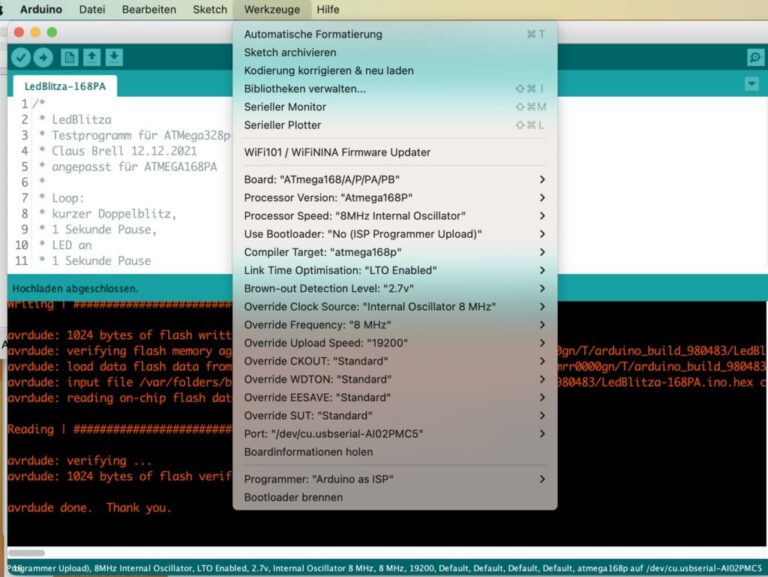 ATMEGA168 mit der Arduino IDE programmieren